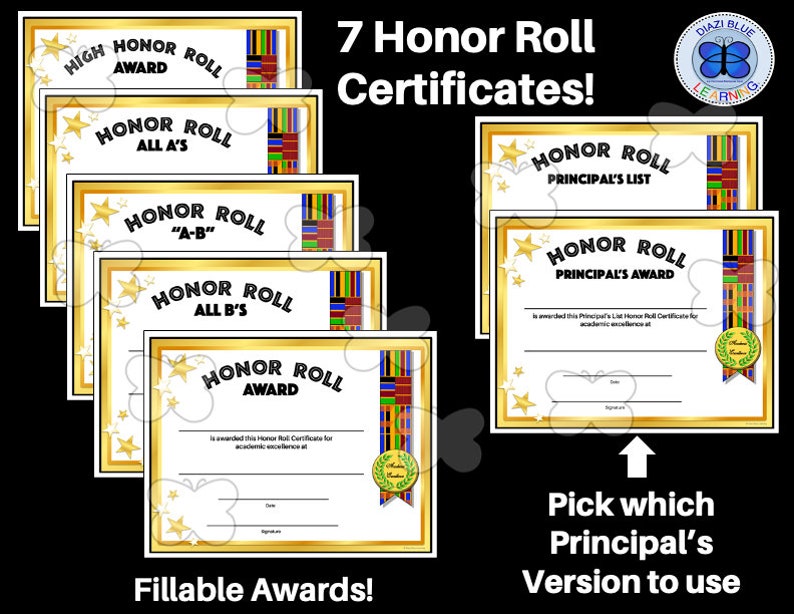 Set of 7 Kente Fillable Honor Roll PDF Certificates #2, Editable Kente ...