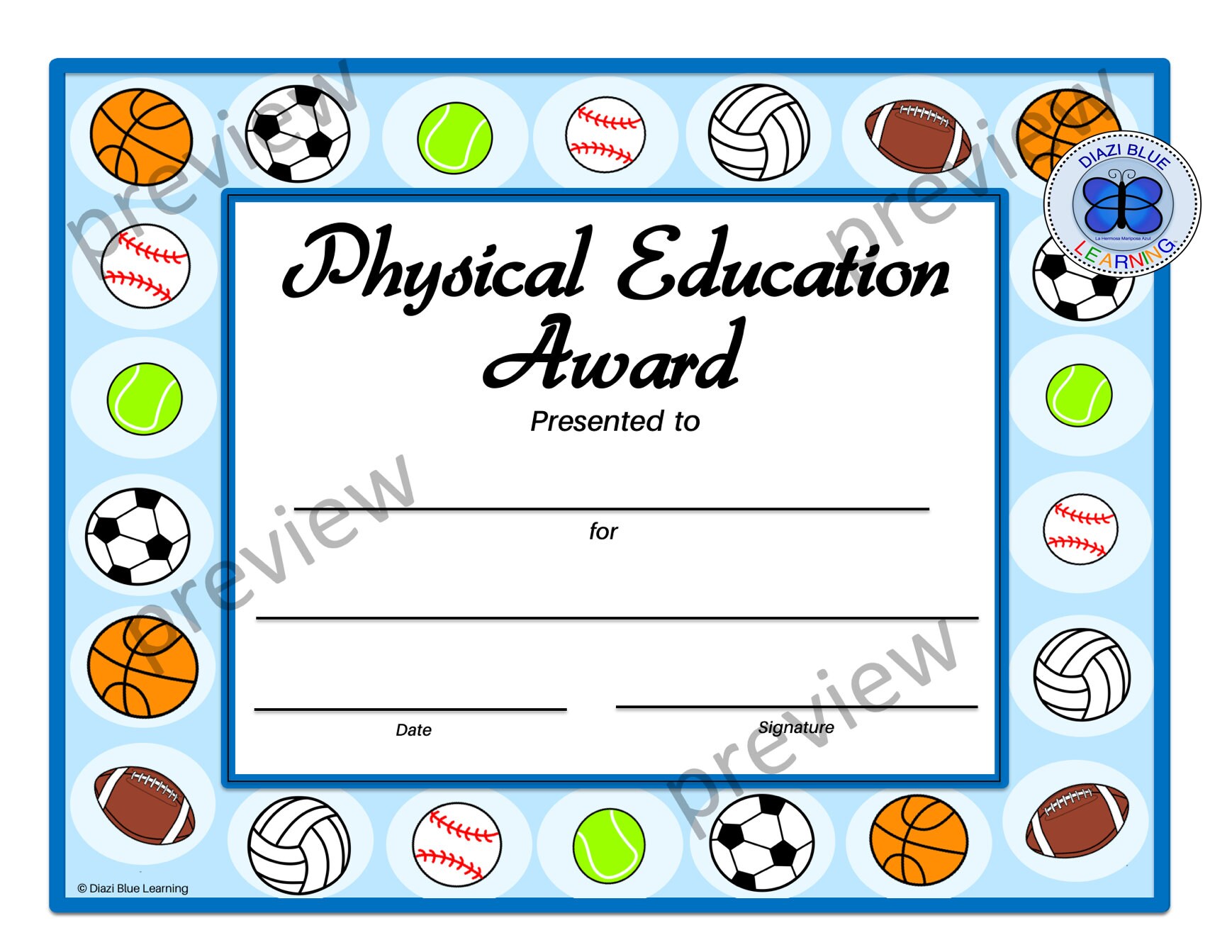 Physical Education Certificate PE Certificate Editable PE | Etsy