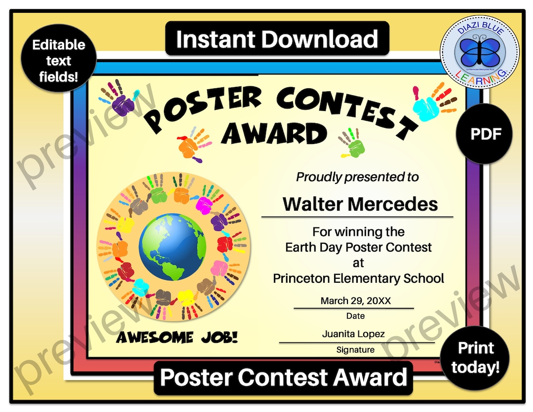 Poster Contest Award, Editable Poster Contest Certificate, PDF Poster ...