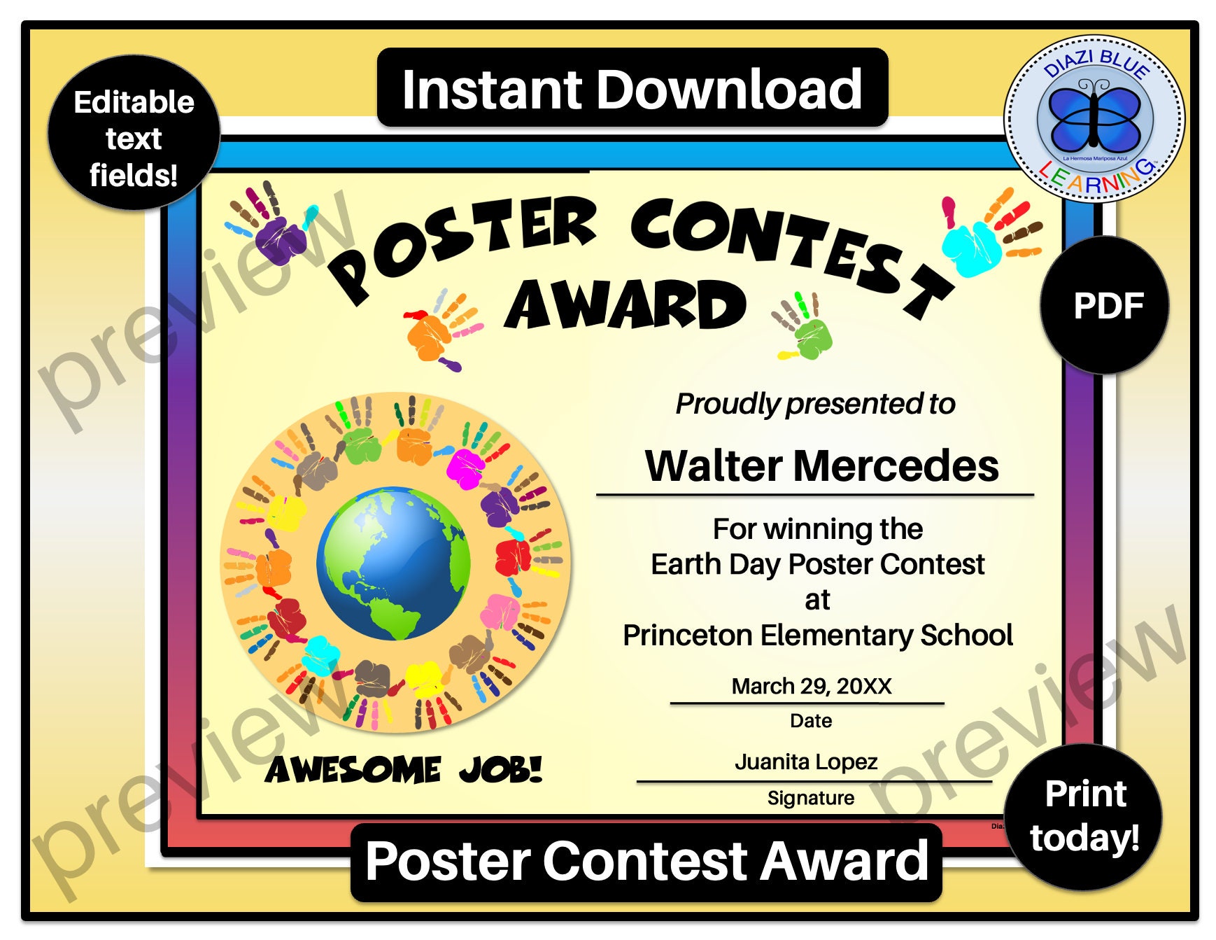 Poster Contest Award, Editable Poster Contest Certificate, PDF Poster ...