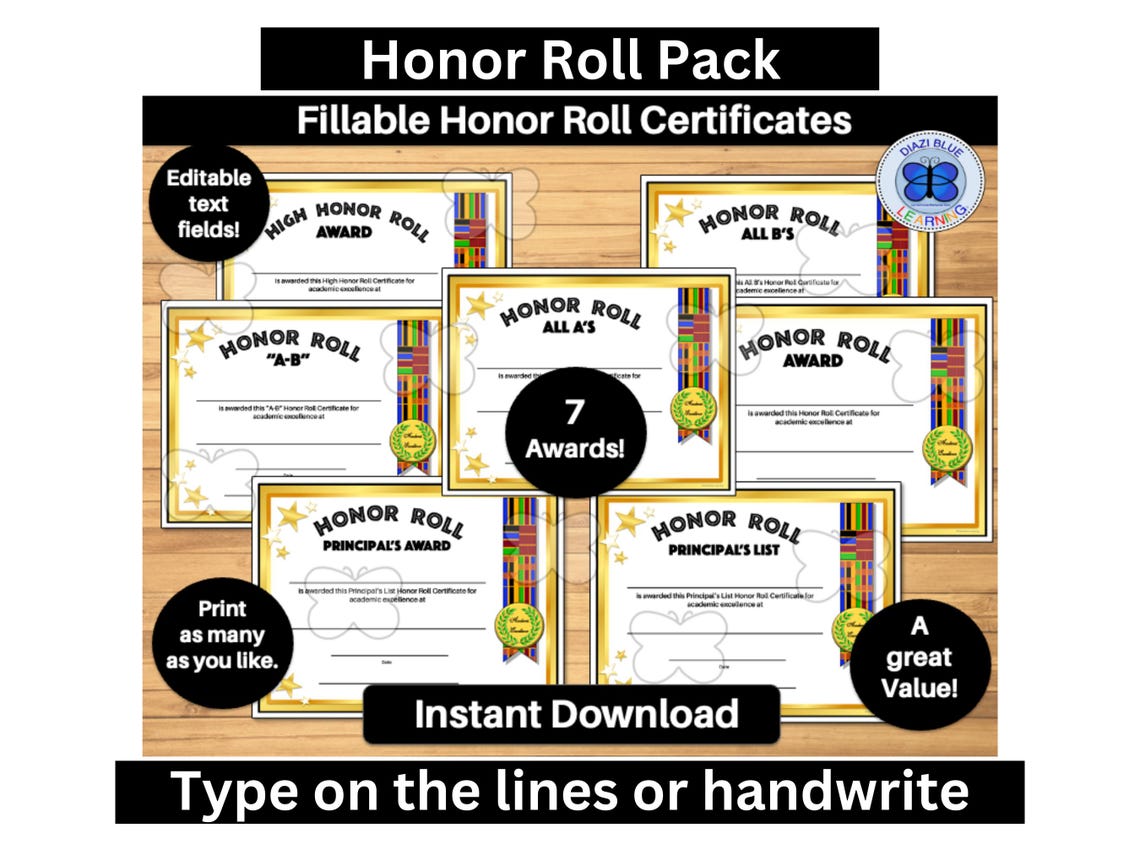 Set of 7 Kente Fillable Honor Roll PDF Certificates #2, Editable Kente ...
