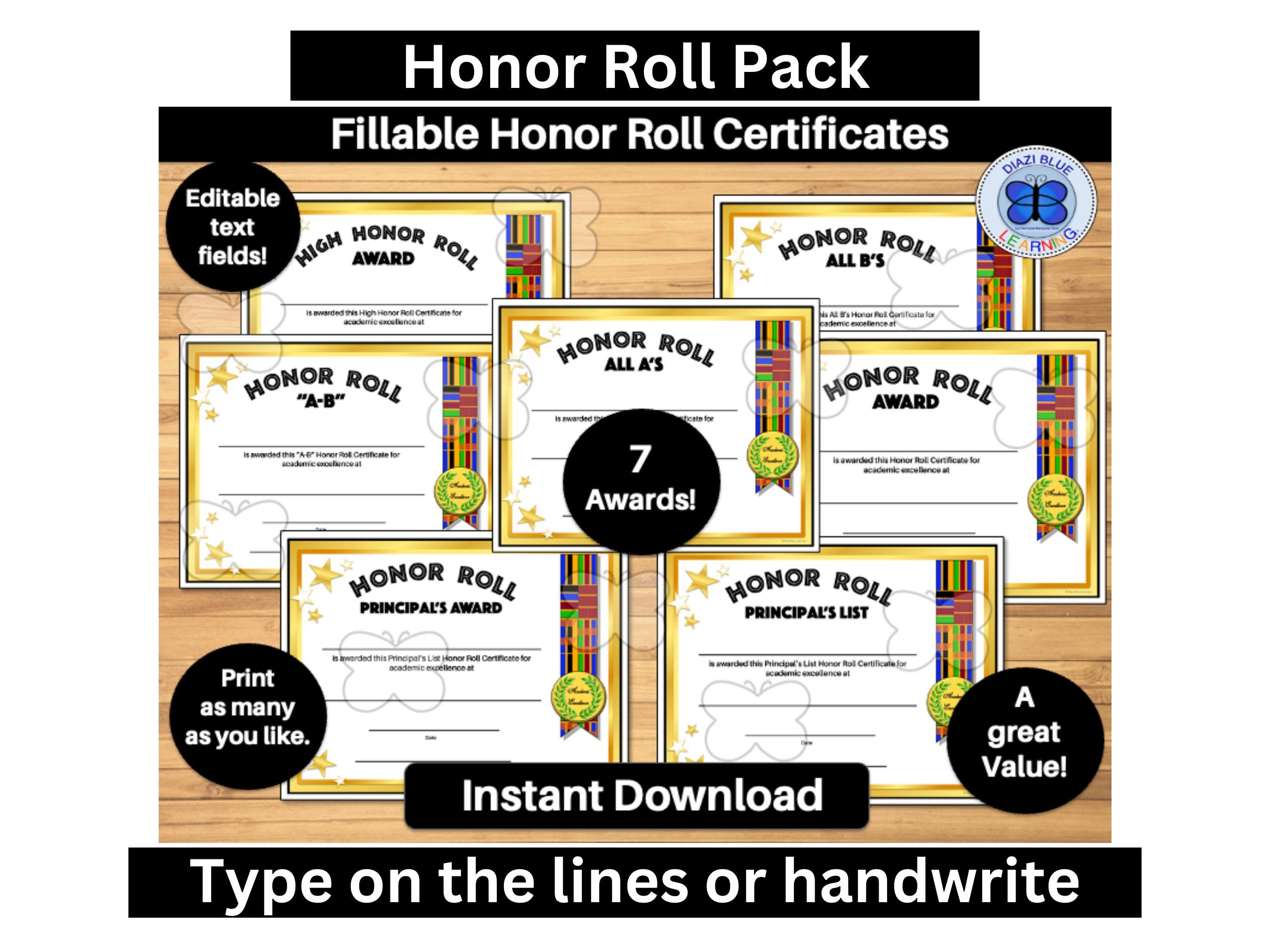Set of 7 Kente Fillable Honor Roll PDF Certificates #2, Editable Kente ...