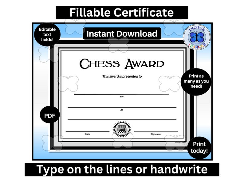 Editable Chess Award PDF, Printable Chess Certificate Award, End of ...