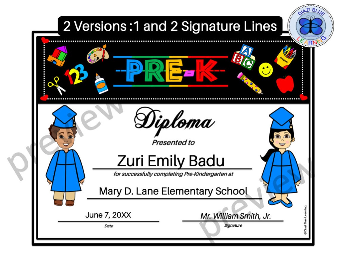 Pre-K Diploma Pre-K Graduation Diploma Fillable | Etsy