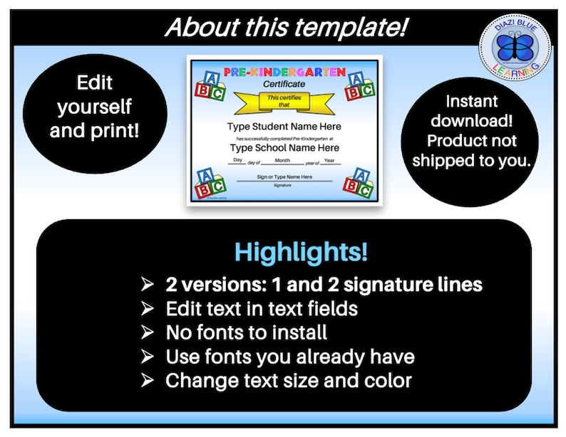 Pre-k Graduation Certificates 1 and 2 Signature Versions, Fillable Pre ...