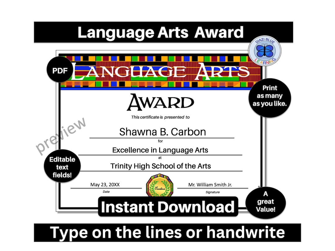 Kente Language Arts Award Certificate, Editable Language Arts ...