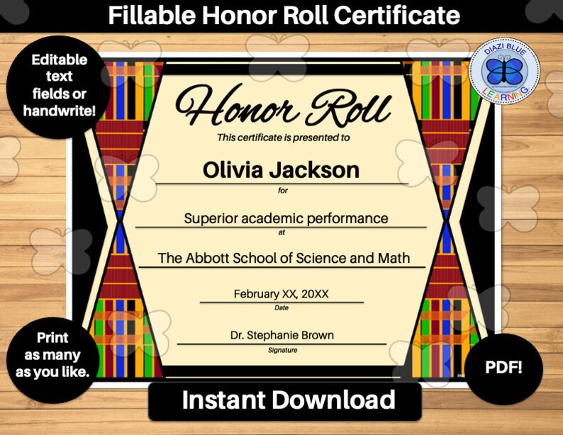 Kente Fillable Honor Roll PDF Certificate 3, Editable Kente Honor Roll ...