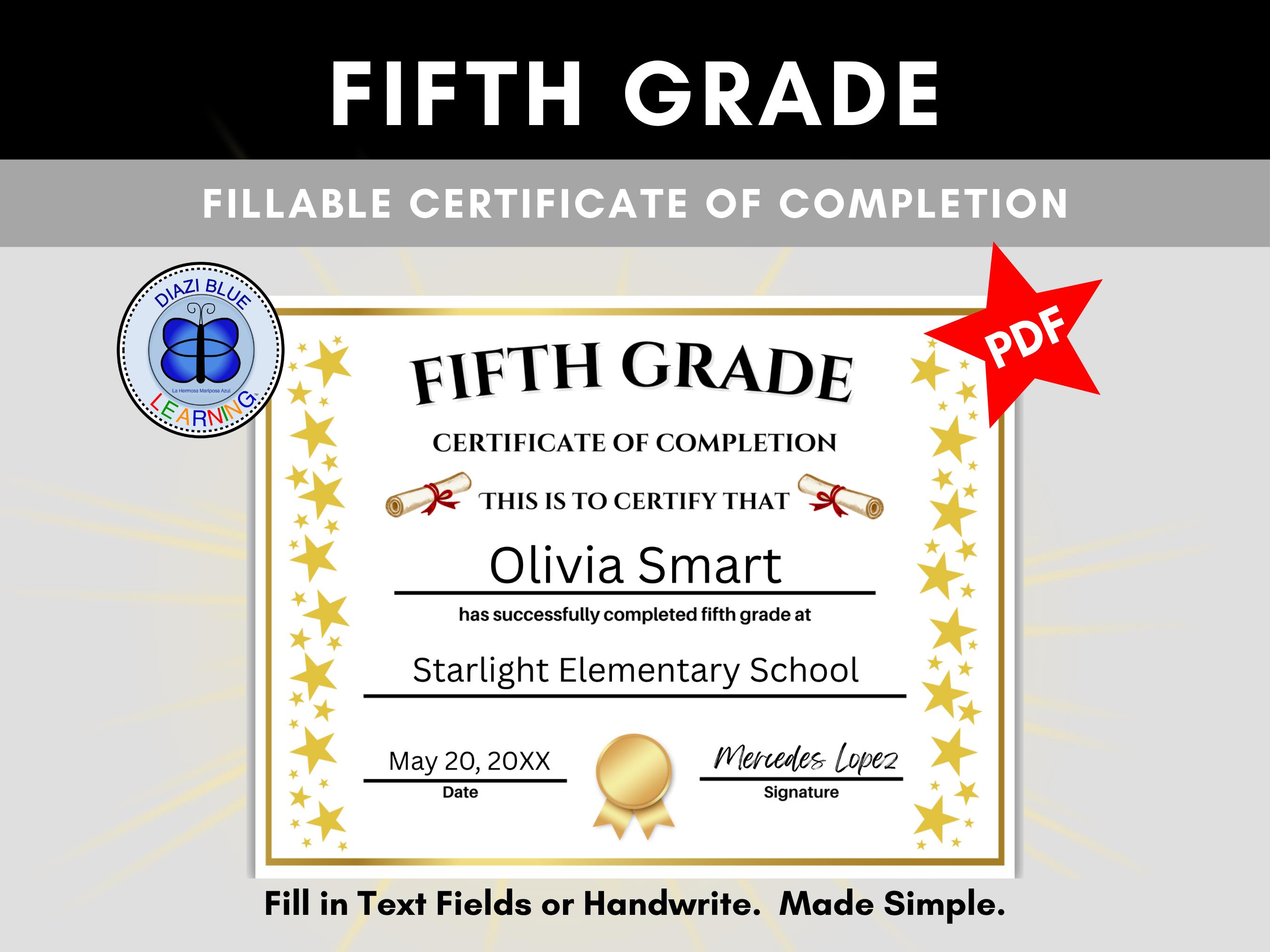 Gold Stars Fifth Grade Certificate of Completion, Fifth Grade Diploma ...