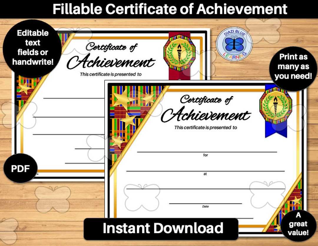 Kente Fillable Certificate of Achievement PDF, Editable Certificate of ...