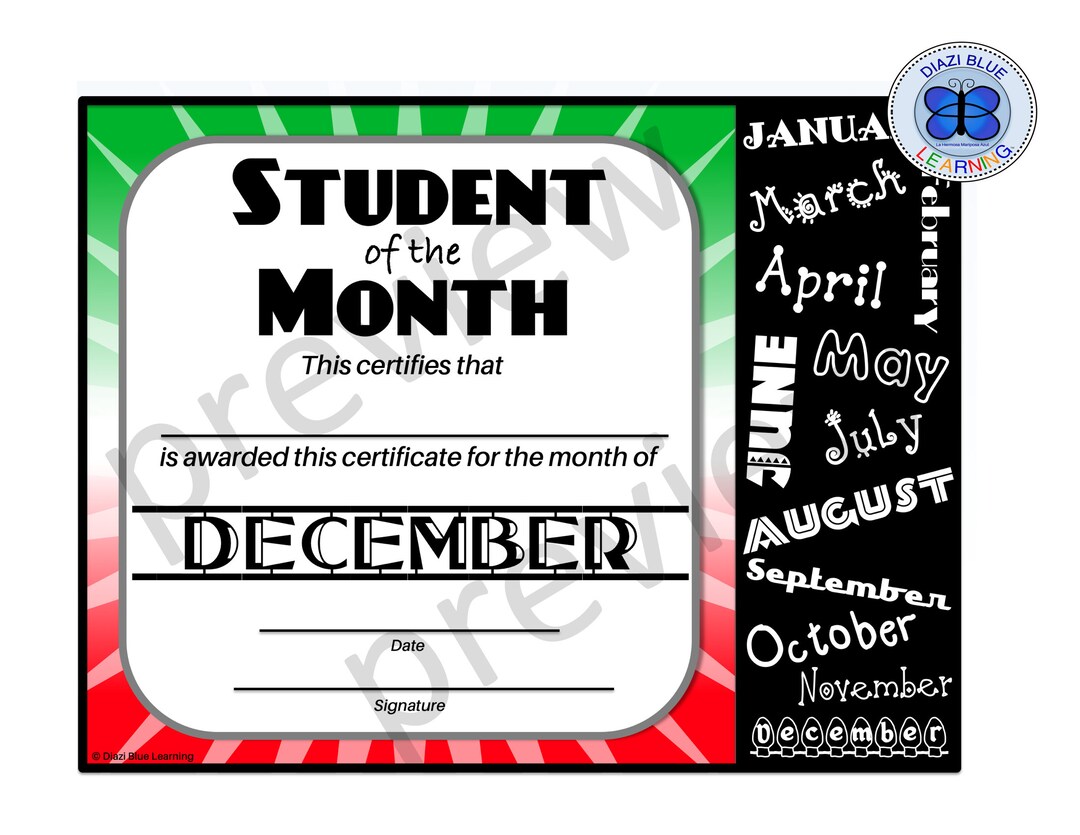 Student of the Month Certificate for December, Editable PDF Student of ...
