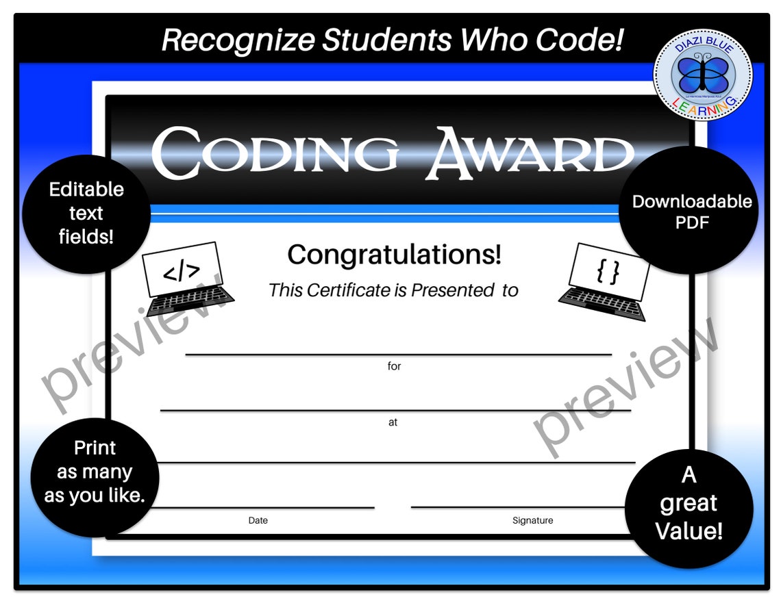 Coding Award Coding Certificates Coding Achievement Computer Science Certificates Technology