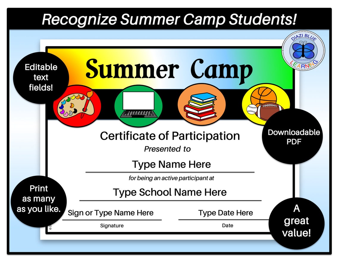 Summer Camp Certificates Editable Summer Camp Certificates - Etsy