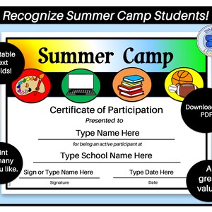 Summer Camp Certificates, Editable Summer Camp Certificates, Printable ...