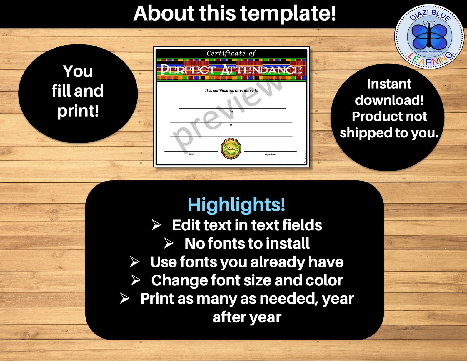 Kente Perfect Attendance Award Certificate, Editable Perfect Attendance ...