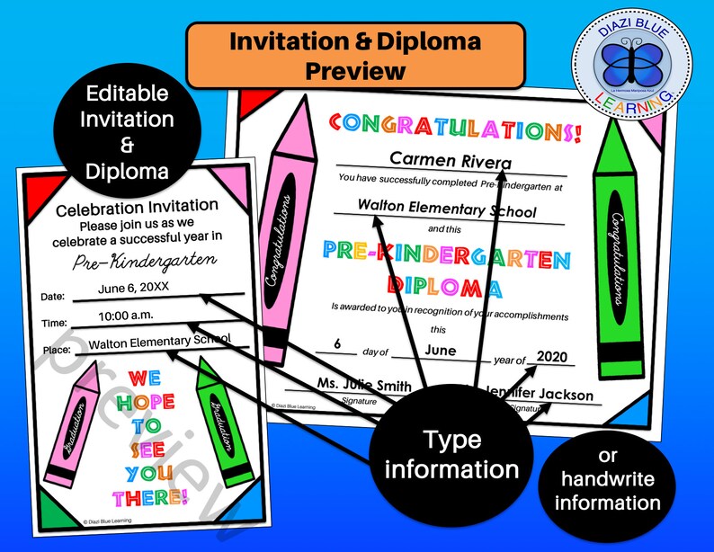 Pre-k Diplomas, Pre-k Certificates, End of Year Certificates, Editable ...