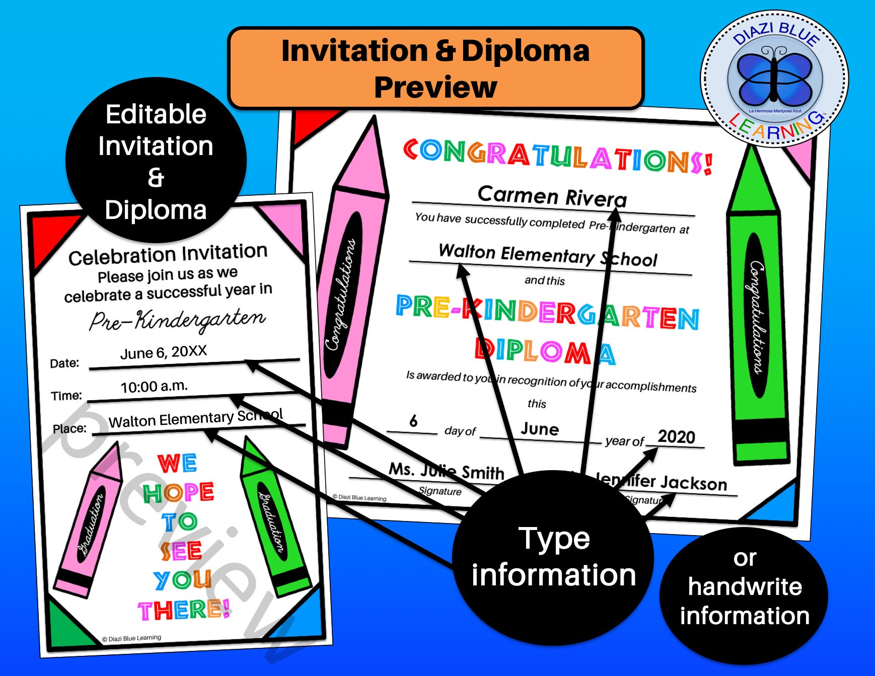 Pre-k Diplomas, Pre-k Certificates, End of Year Certificates, Editable ...