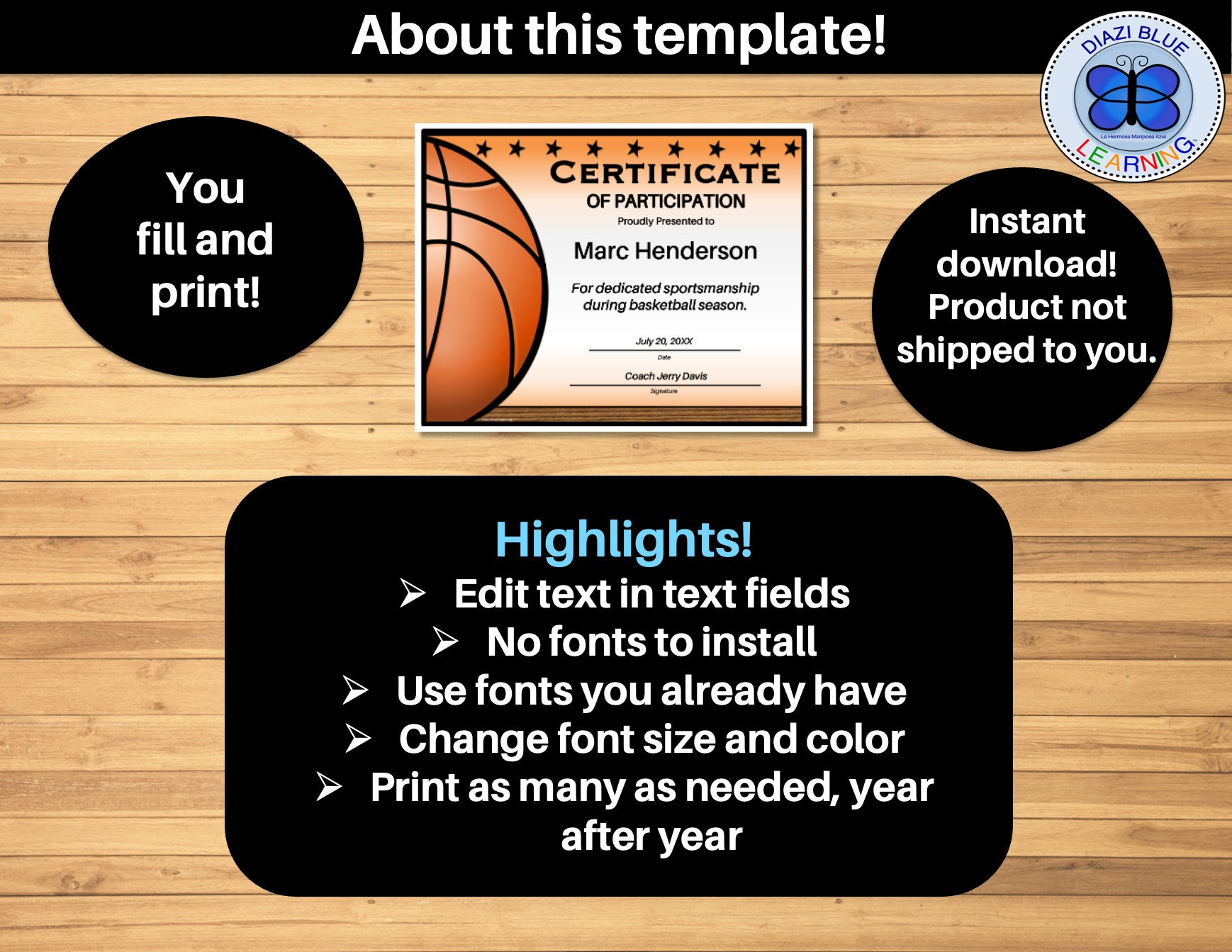 Editable Basketball Certificate, PDF Basketball Certificate, Basketball ...