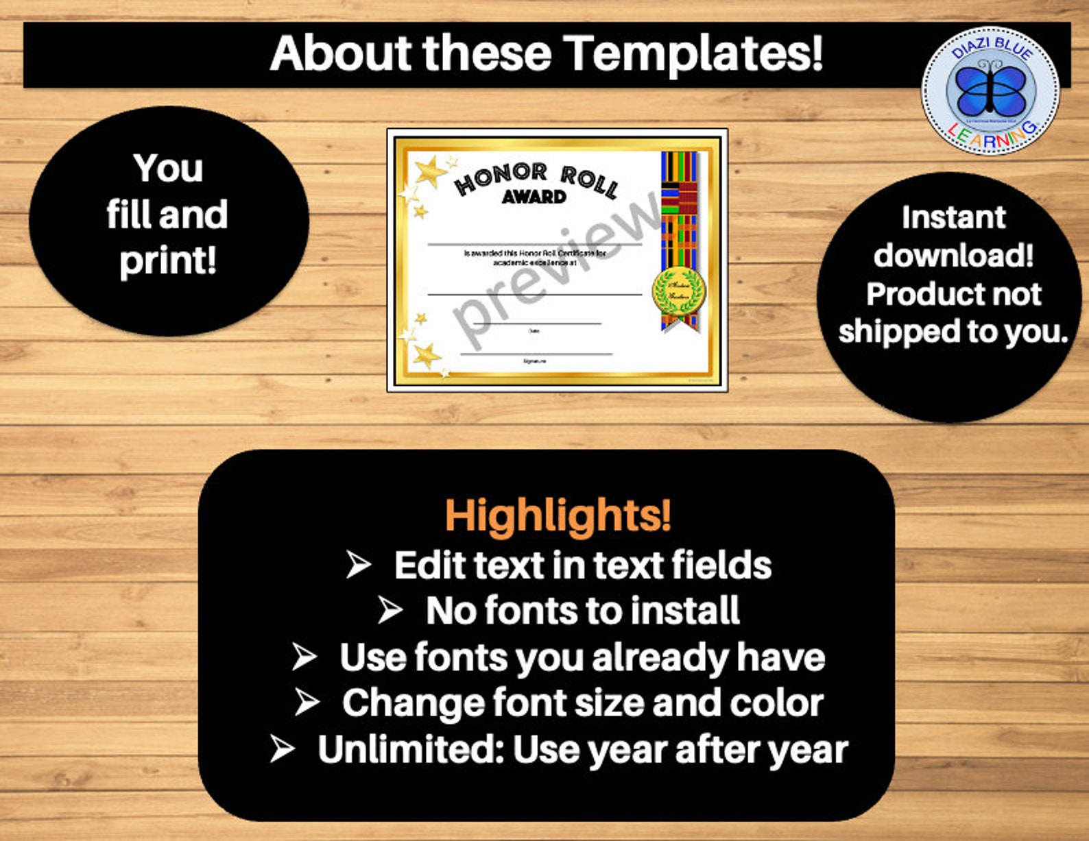 Kente Fillable Honor Roll PDF Certificate #2, Editable Kente Honor Roll ...