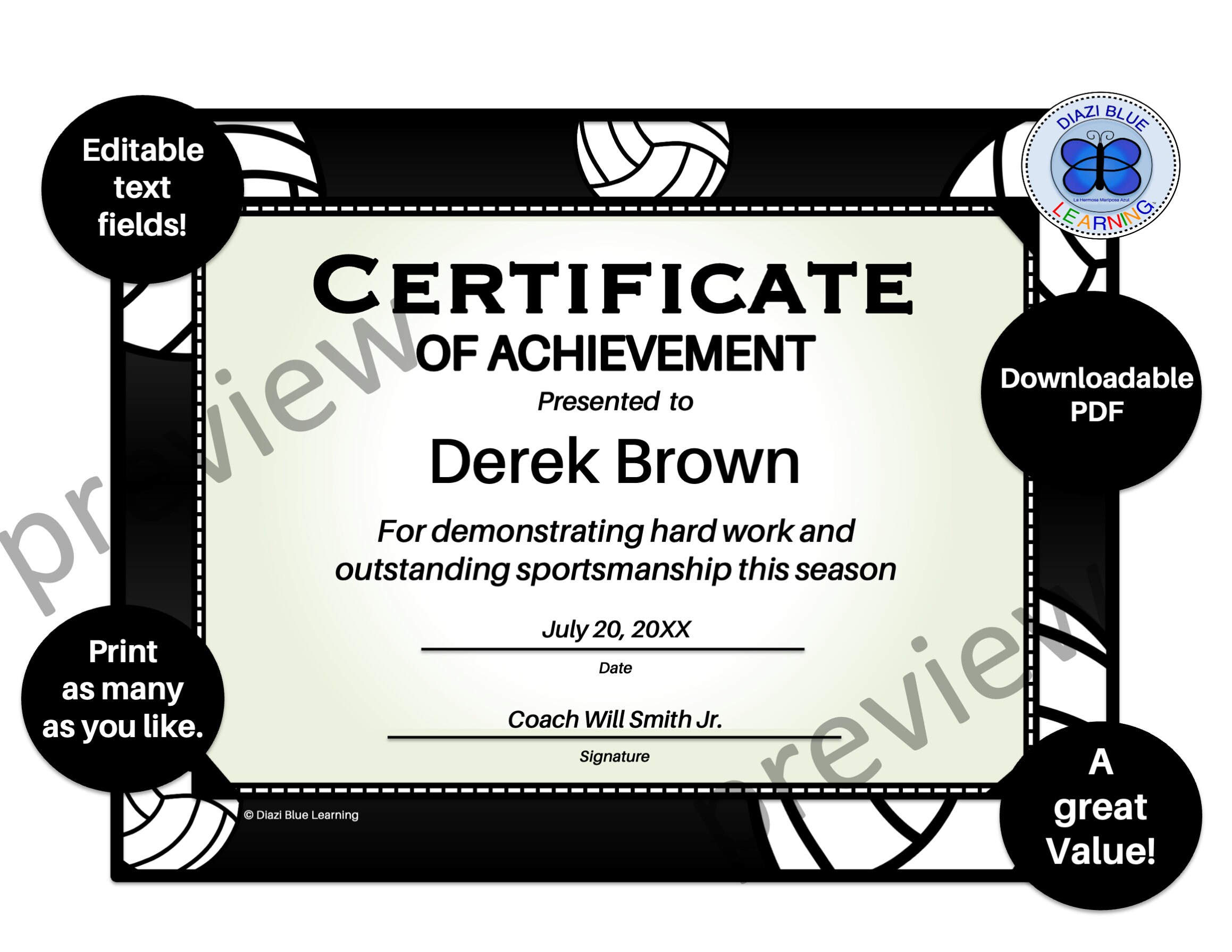 Editable Volleyball Certificate, Volleyball Certificate With 1 or 2 ...