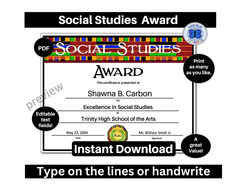 Kente Social Studies Award Certificate, Editable Social Studies ...