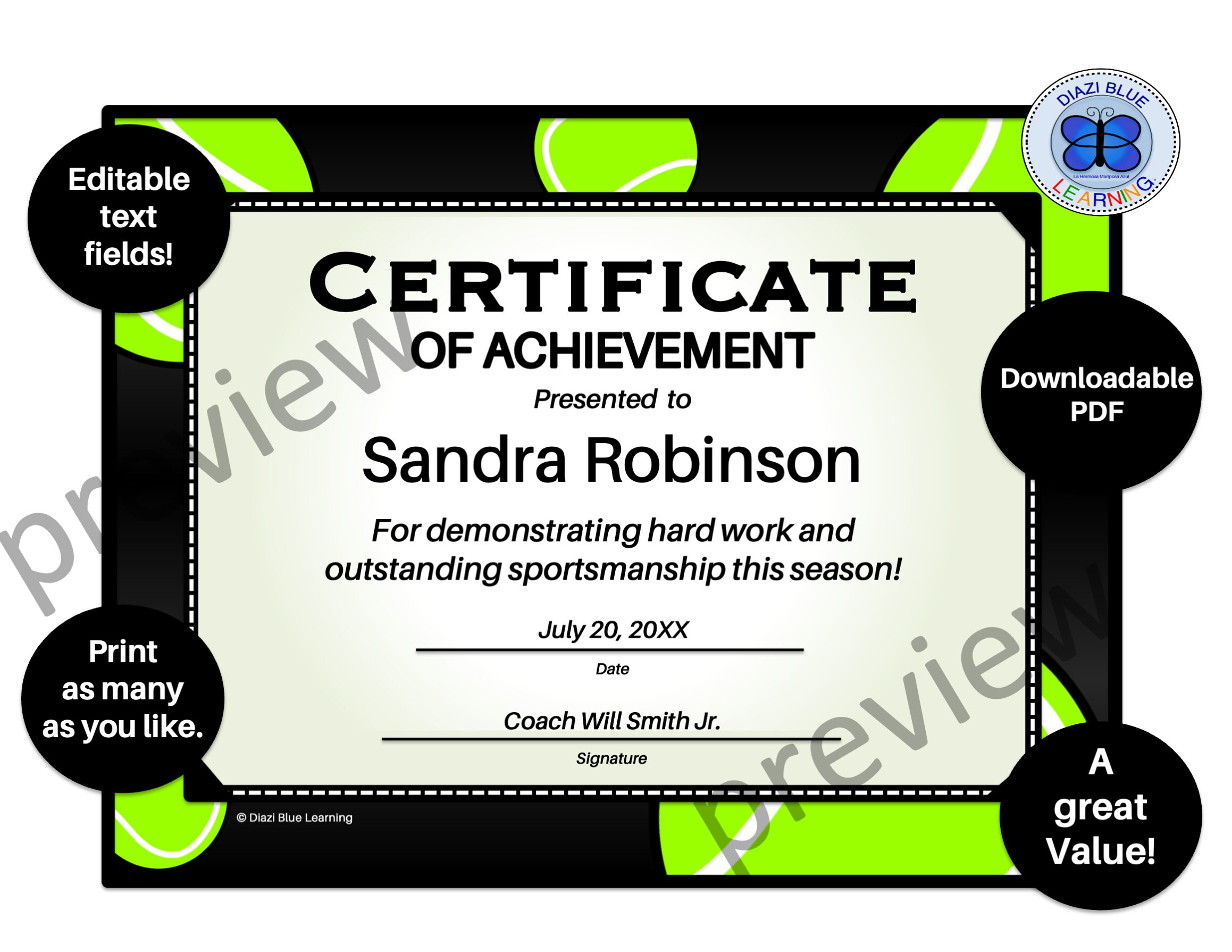 Editable Tennis Certificate, Tennis Certificate With 1 or 2 Signature ...