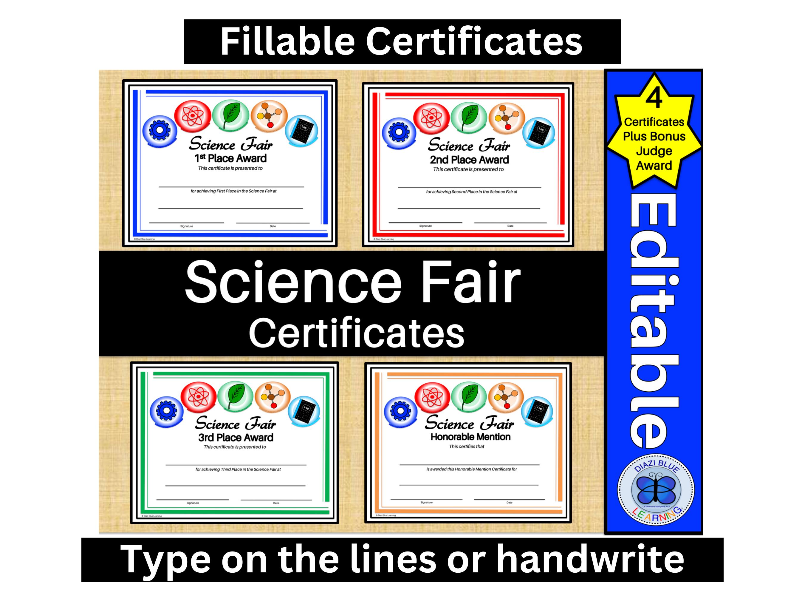 Science Fair Certificates, PDF Science Fair Certificates, Editable ...