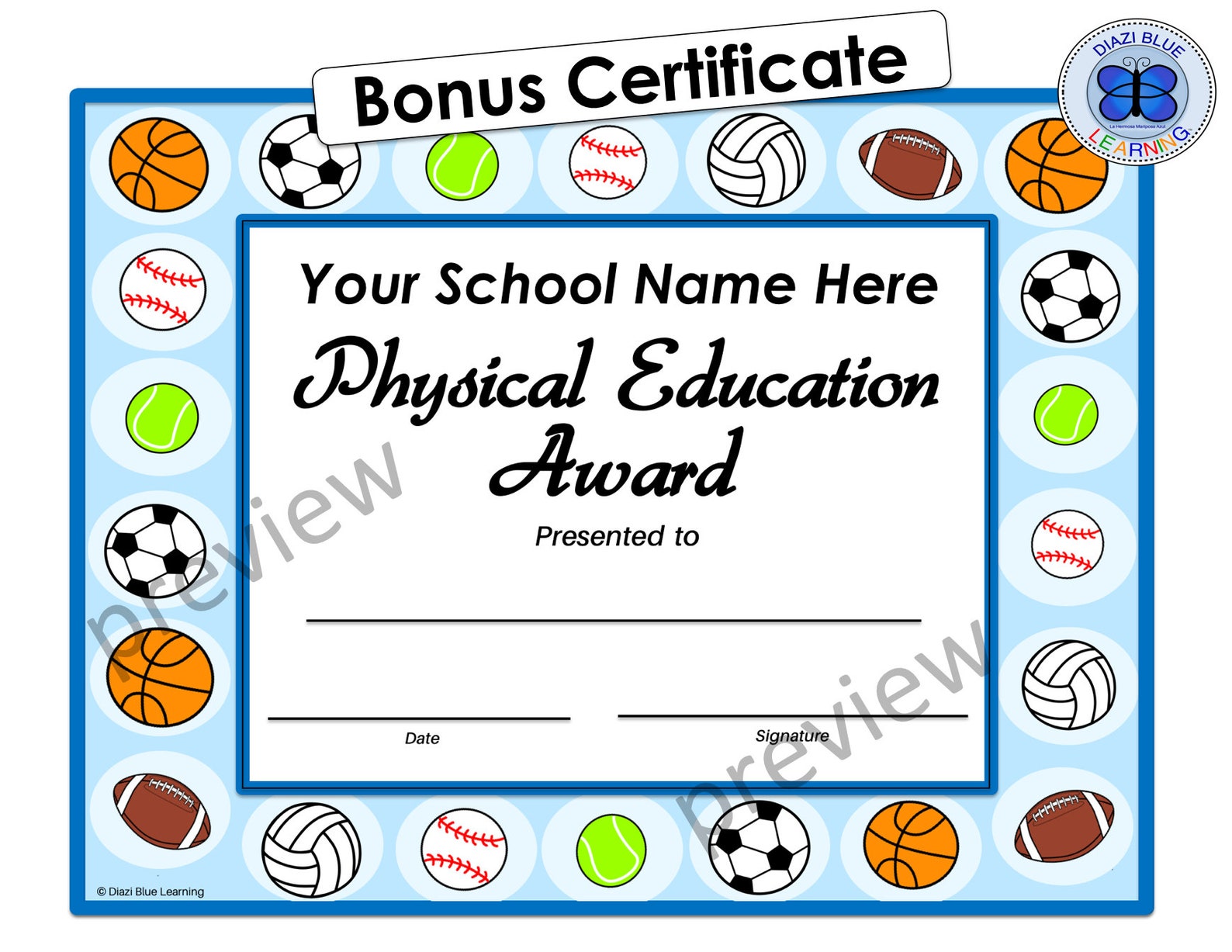 Physical Education Certificate PE Certificate Editable PE | Etsy