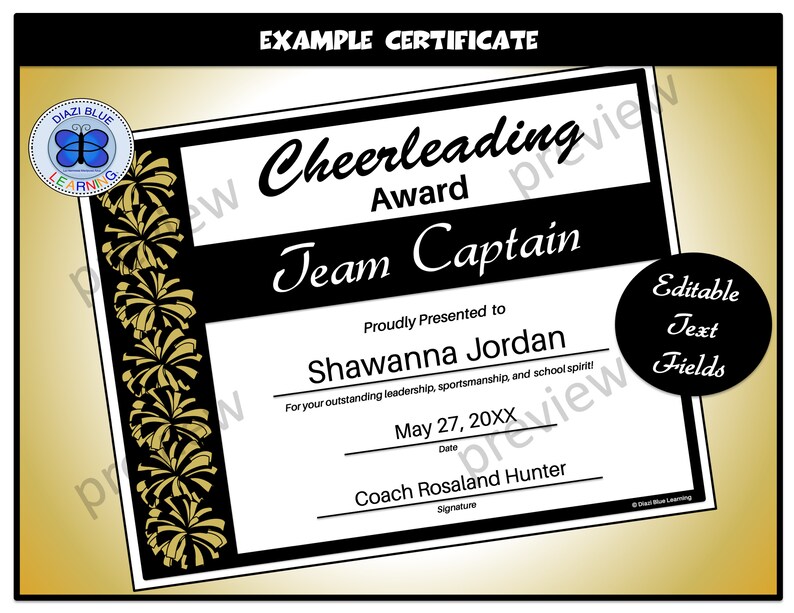 Black and Gold Cheerleading Certificates, Cheerleading Awards, Editable ...