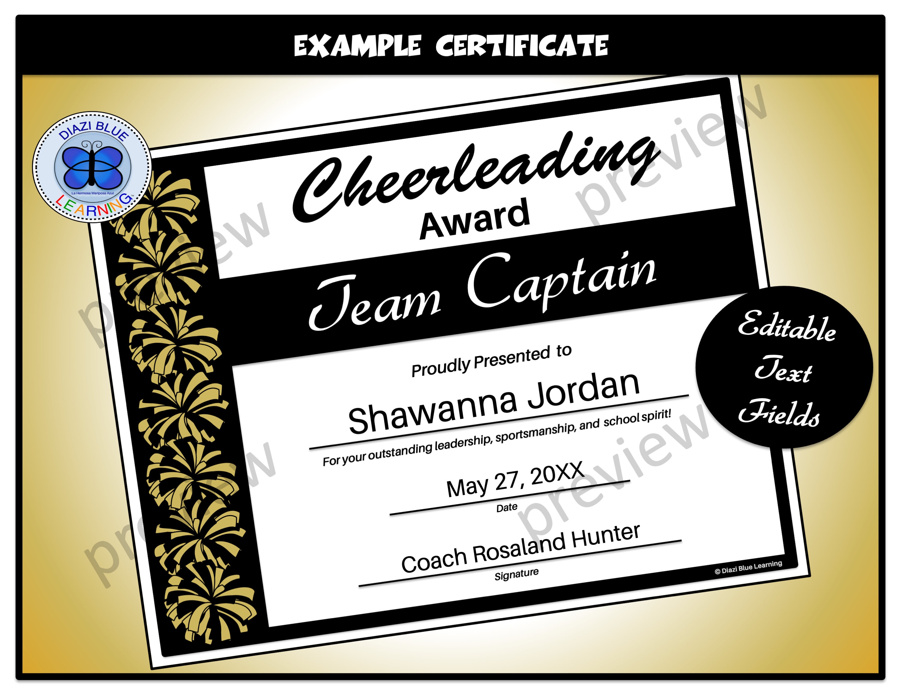 Black and Gold Cheerleading Certificates, Cheerleading Awards, Editable ...