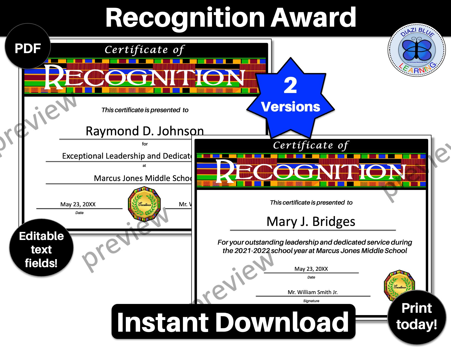 Kente Recognition Award With Bonus Certificate, Editable Certificate of ...