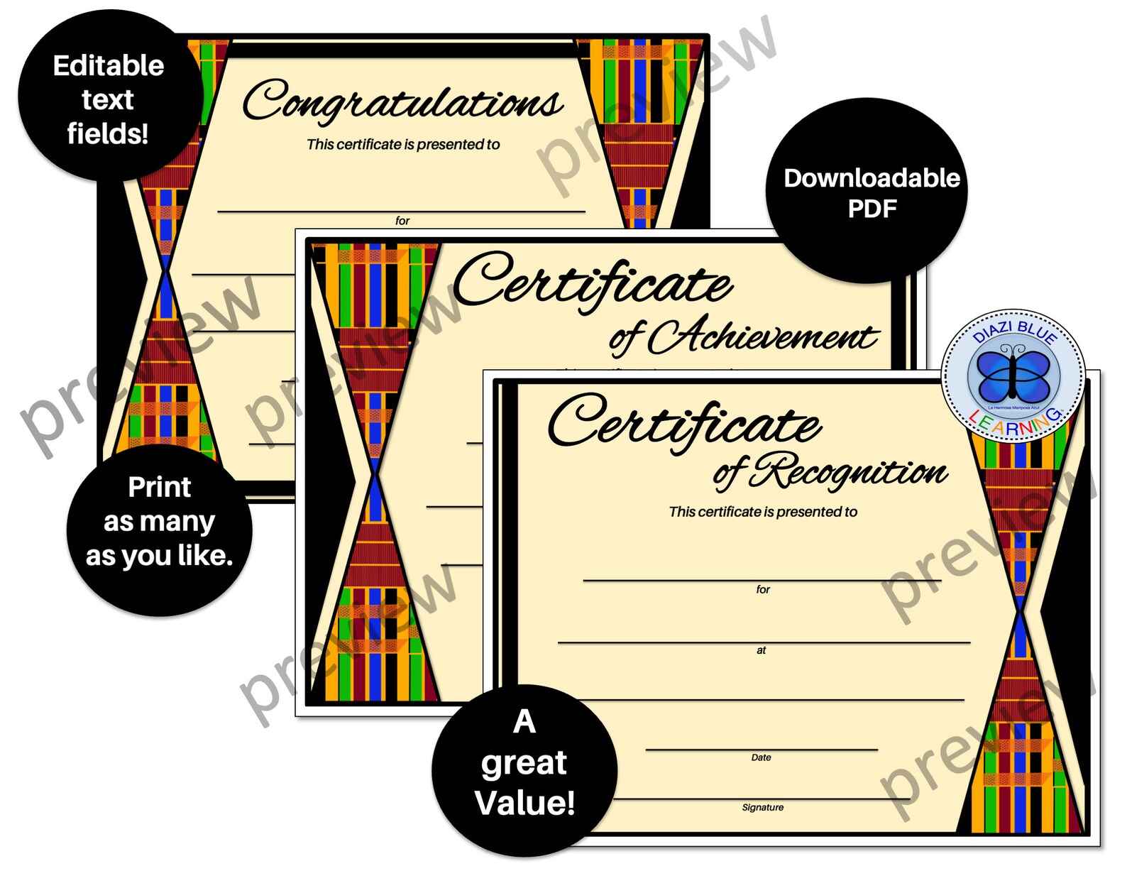 Kente Certificate, Kente Award Set, Black History Month Certificate ...
