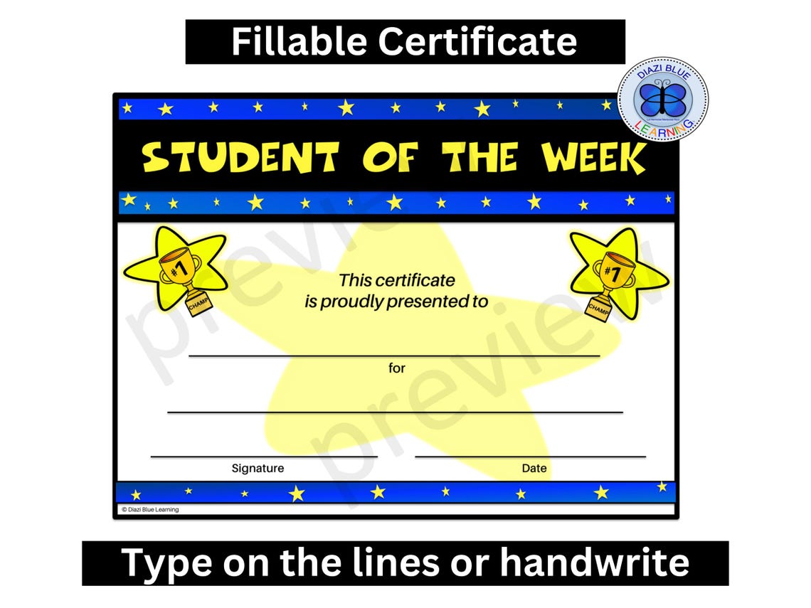 Student of the Week Certificate, Editable PDF Student of the Week Award ...
