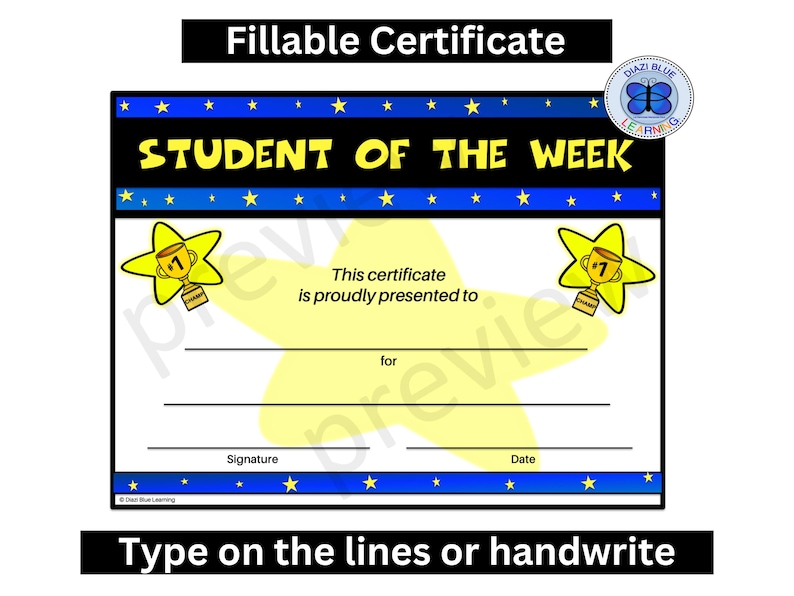 Student of the Week Certificate, Editable PDF Student of the Week Award ...