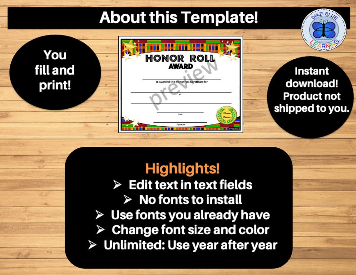 Kente Fillable Honor Roll PDF Certificate #1, Editable Kente Honor Roll ...