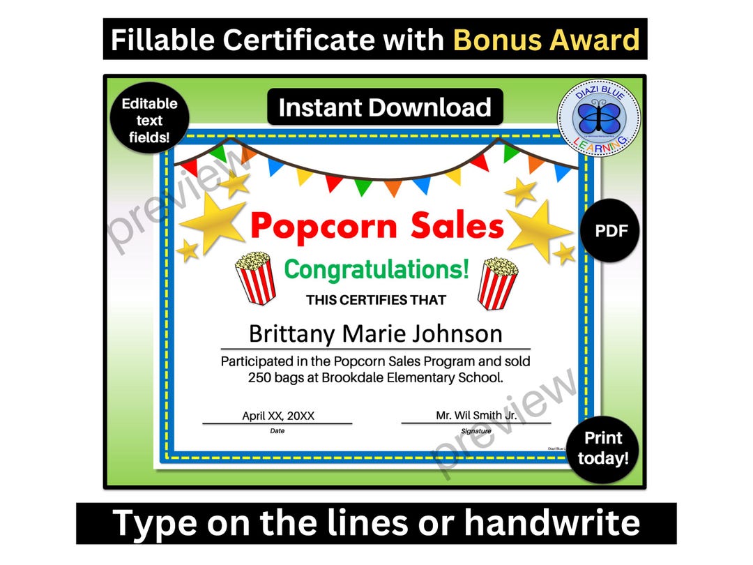 Popcorn Sales Award Certificate, Editable School Popcorn Sales Award ...