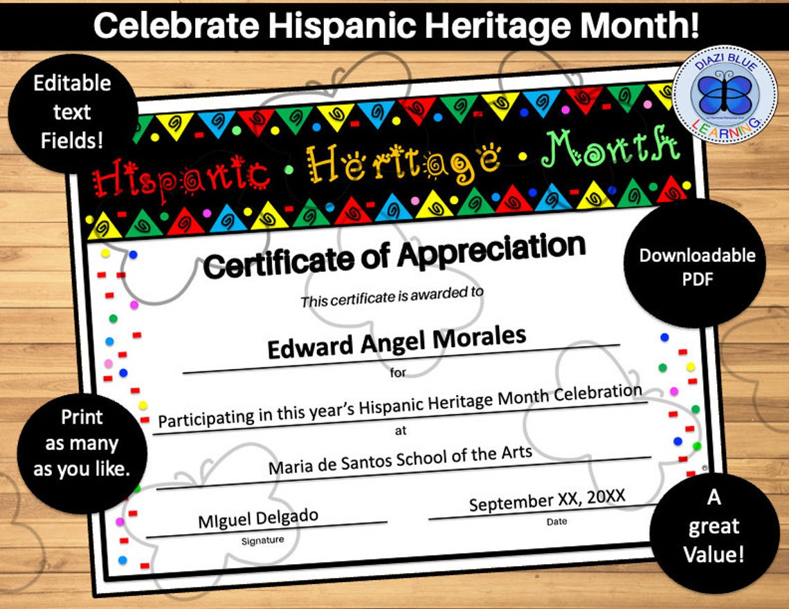 Hispanic Heritage Month Certificate of Appreciation With Bonus ...
