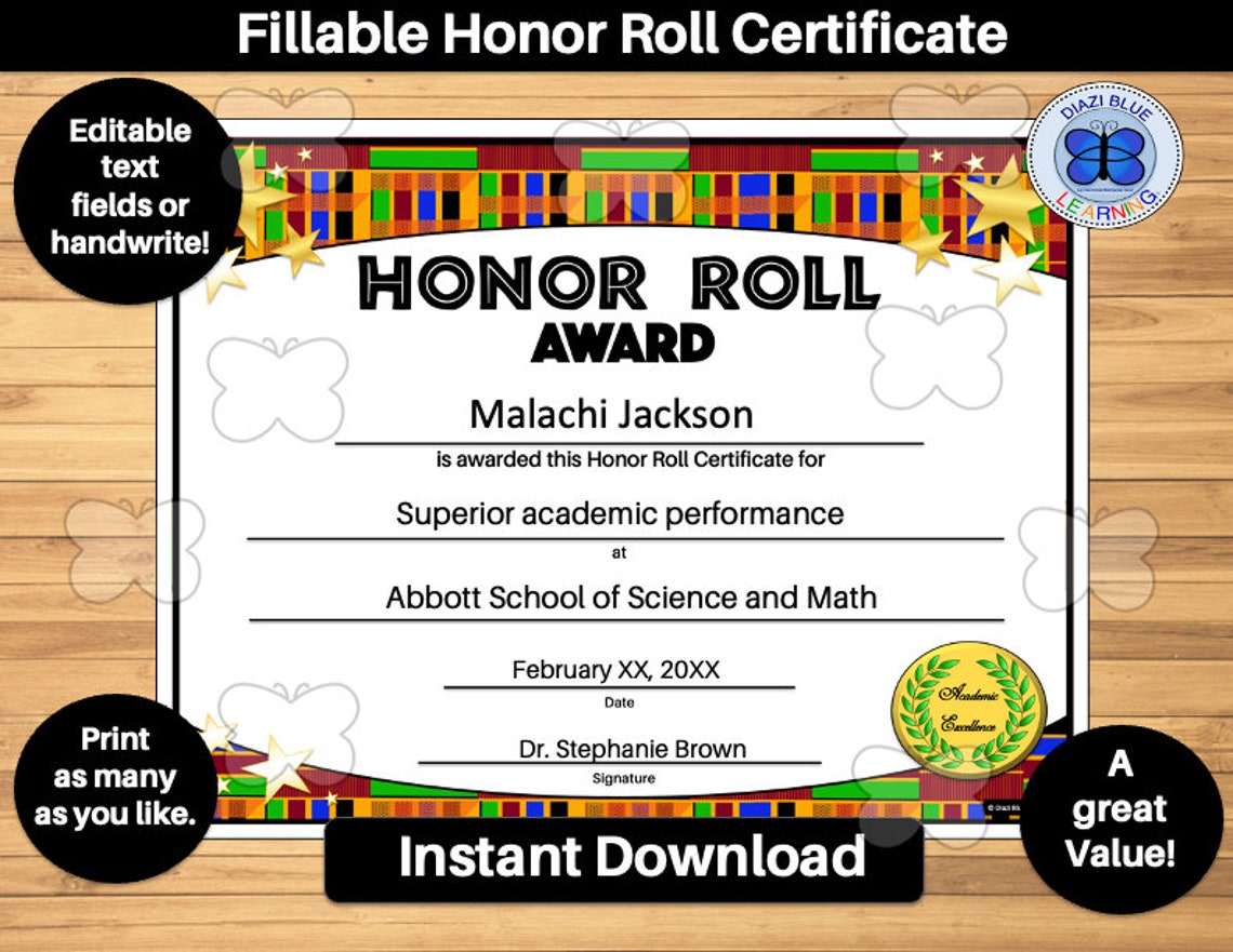 Kente Fillable Honor Roll PDF Certificate #1, Editable Kente Honor Roll ...