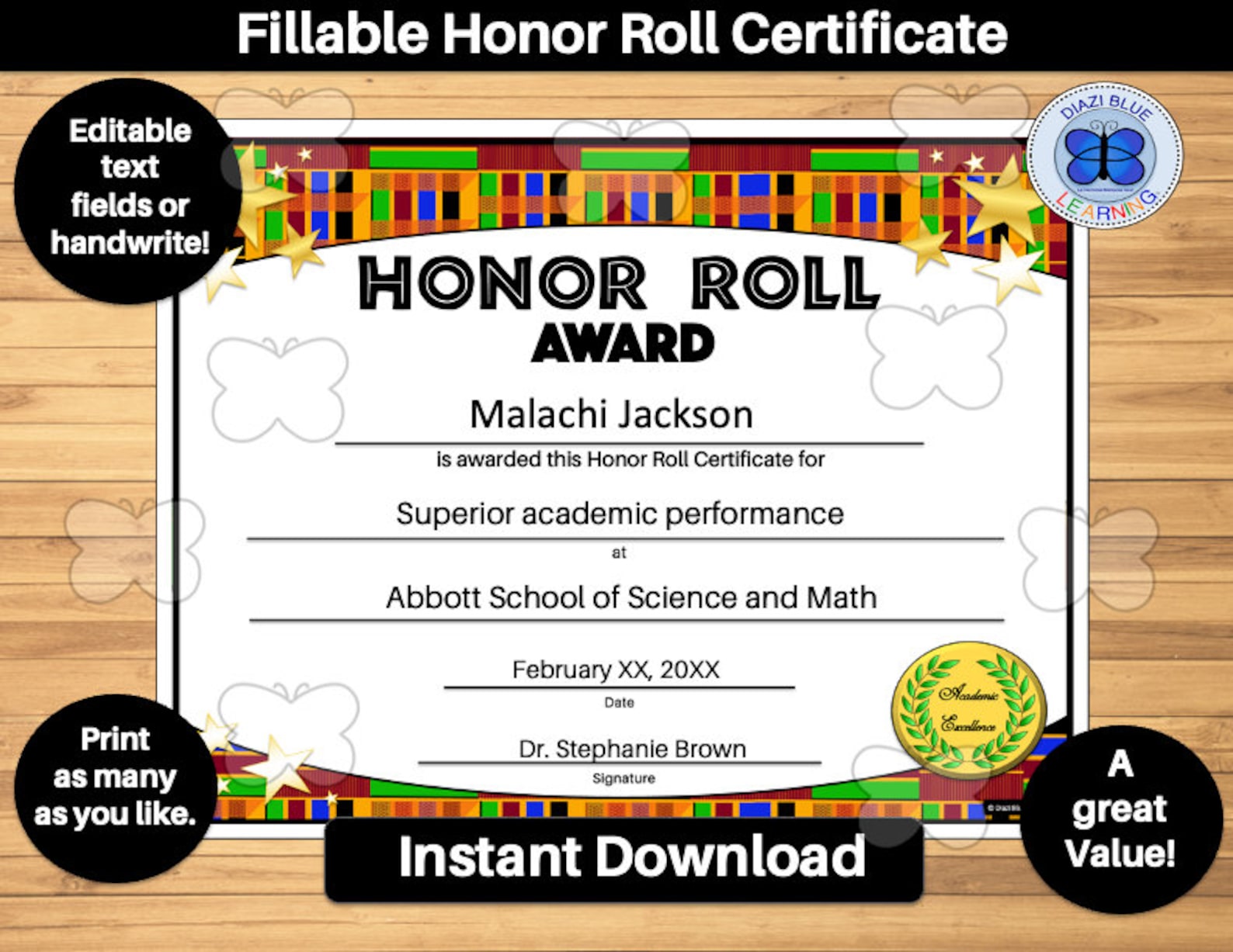 Kente Fillable Honor Roll PDF Certificate #1, Editable Kente Honor Roll ...