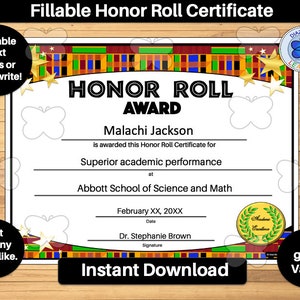 Kente Fillable Honor Roll PDF Certificate #1, Editable Kente Honor Roll ...