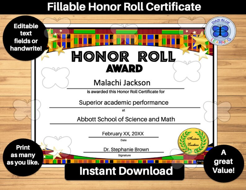 Kente Fillable Honor Roll PDF Certificate #1, Editable Kente Honor Roll ...