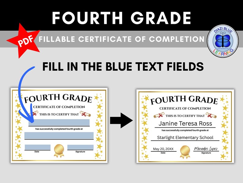 Gold Stars Fourth Grade Certificate of Completion, Fourth Grade Diploma ...