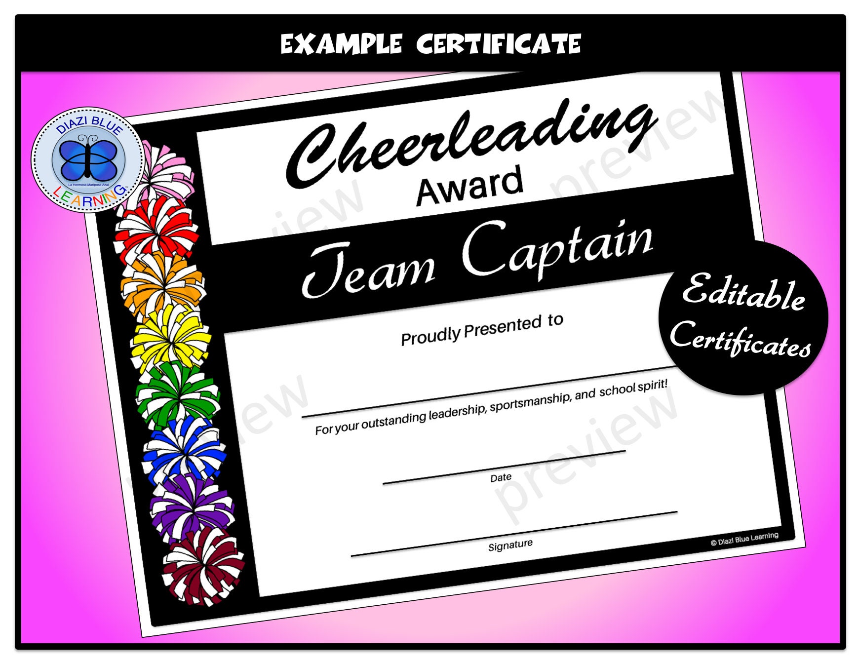 Cheerleading Certificates, Cheerleading Awards, Editable Cheerleader ...