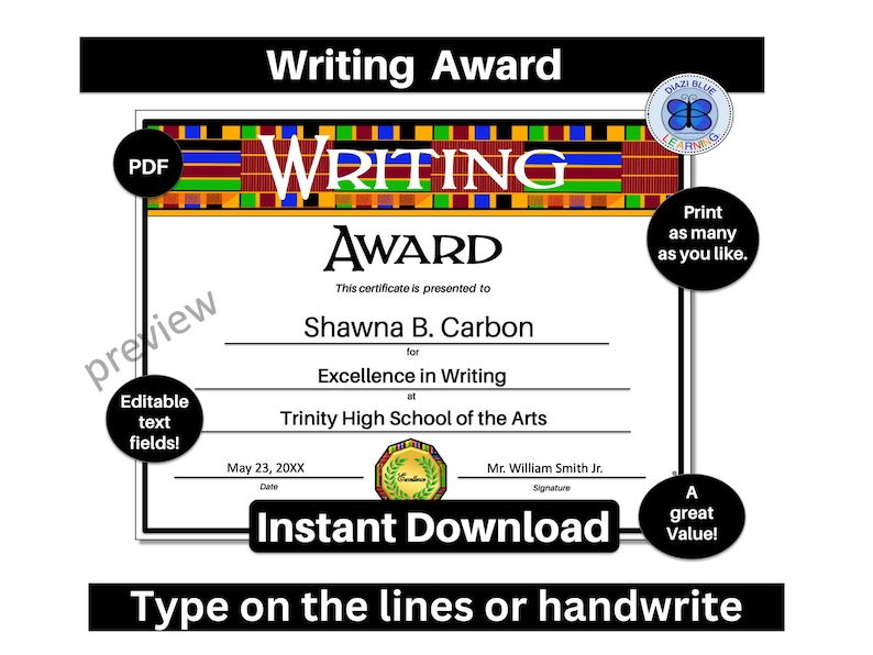 Kente Writing Award Certificate, Editable Writing Certificate, School ...