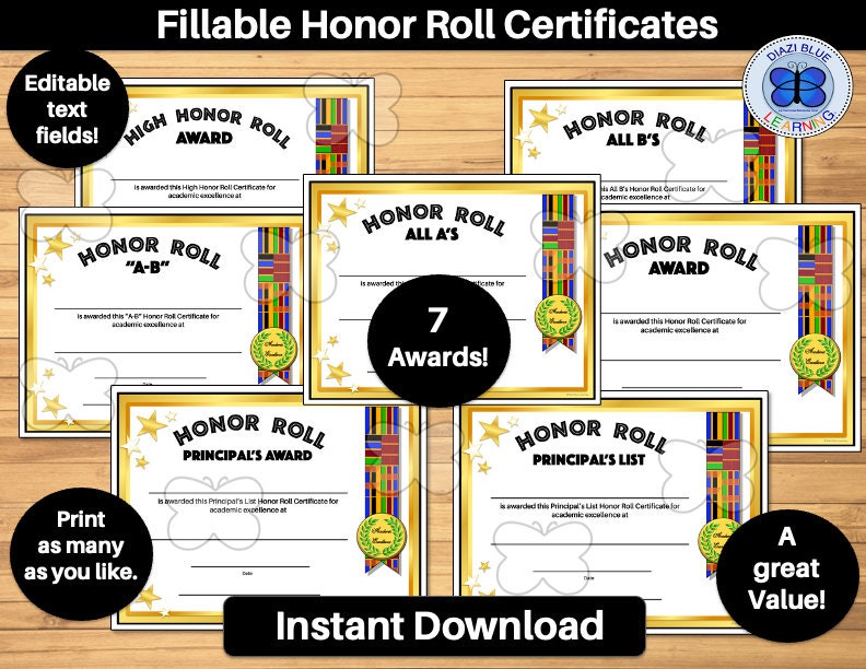 Set of 7 Kente Fillable Honor Roll PDF Certificates 2, Editable Kente ...