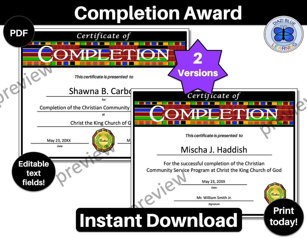 Kente Certificate of Completion With Bonus Certificate, Editable ...
