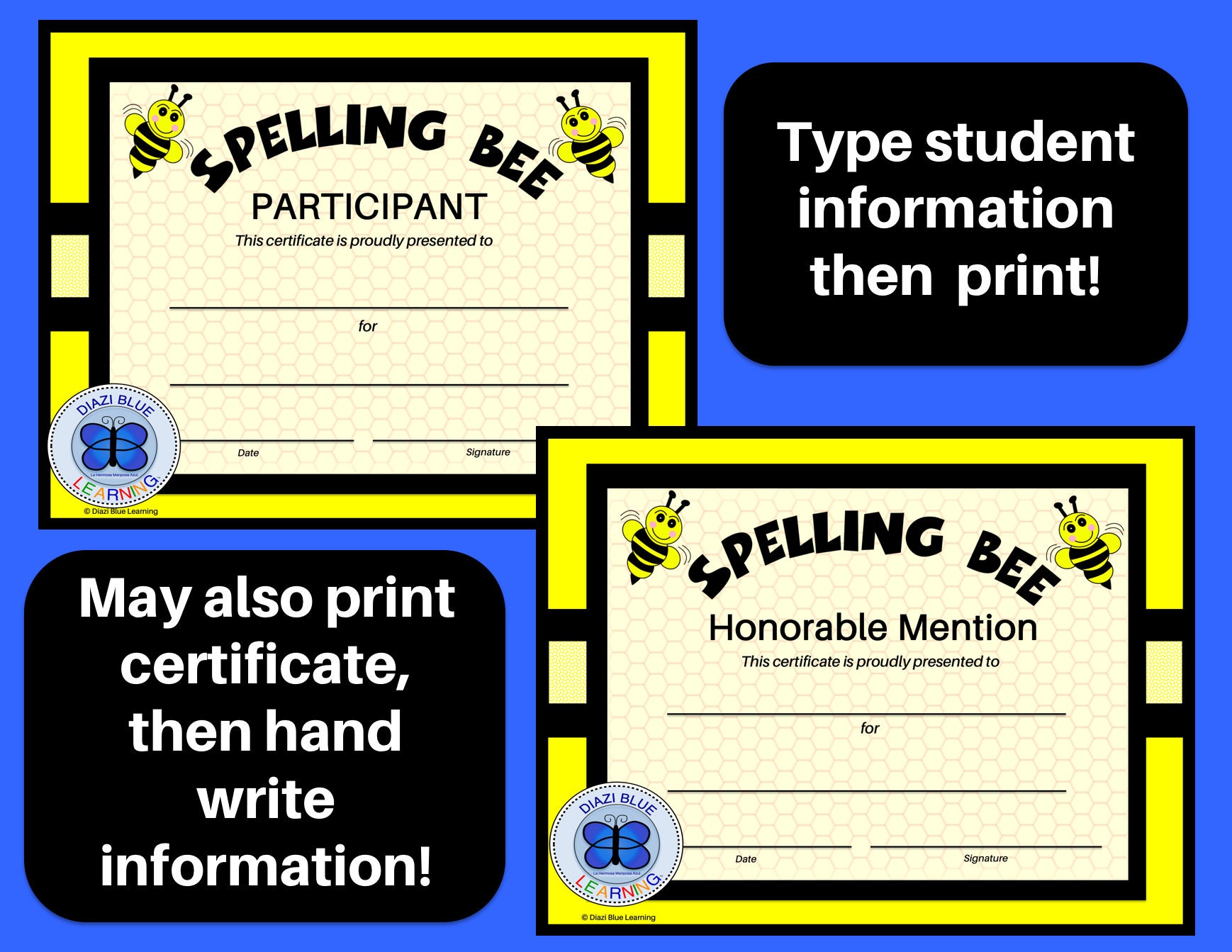 Spelling Bee Award Certificates, Spelling Bee Certificates, Editable ...
