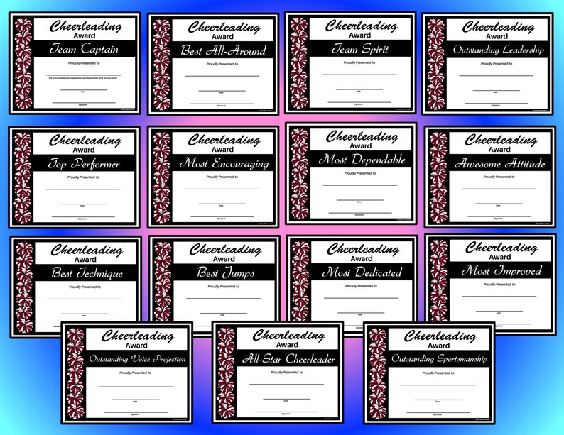 Burgundy and White Cheerleading Certificates, Cheerleading Awards ...