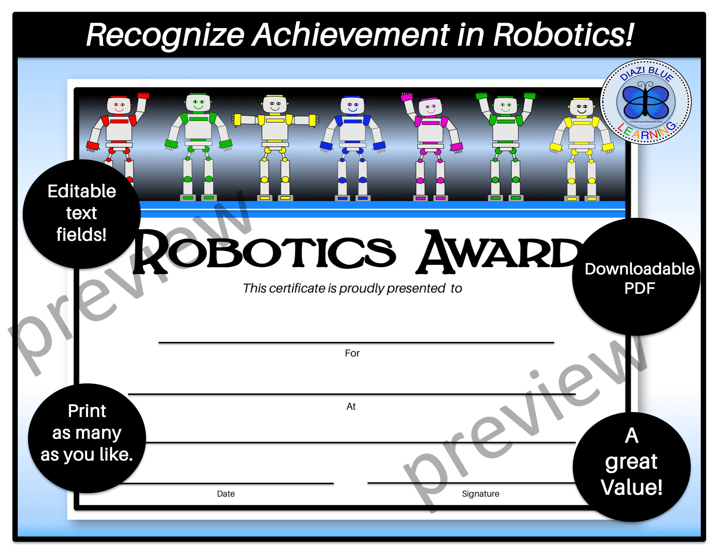 Robotics Award, Robotics Certificates, Editable Robotics Certificates ...