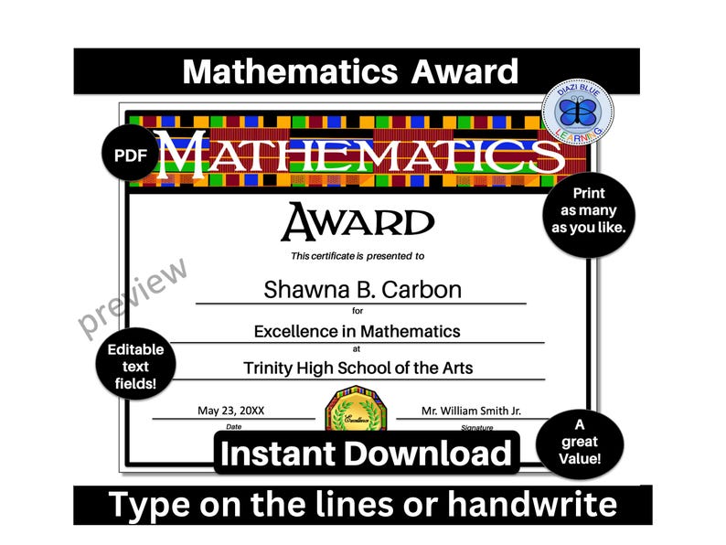 Kente Mathematics Award Certificate, Editable Math Certificate, School ...