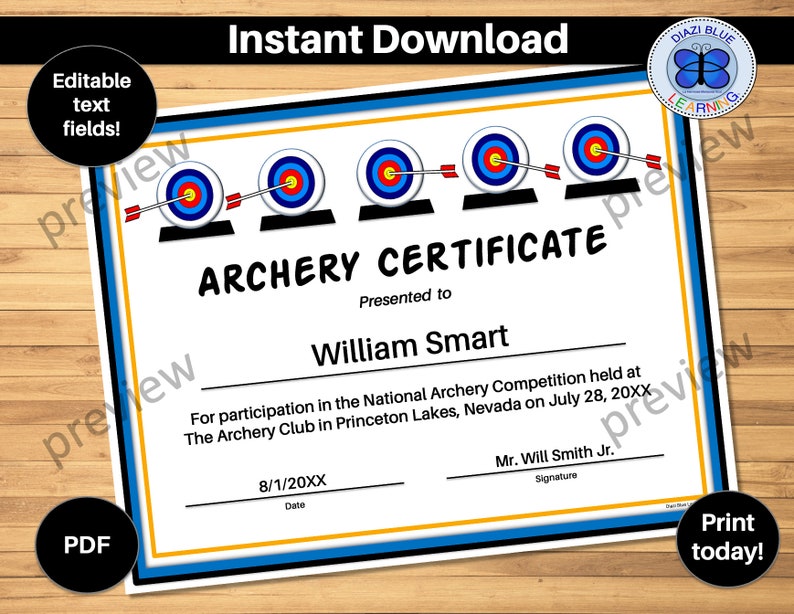 Archery Award Editable Archery Certificate Award PDF Archery - Etsy